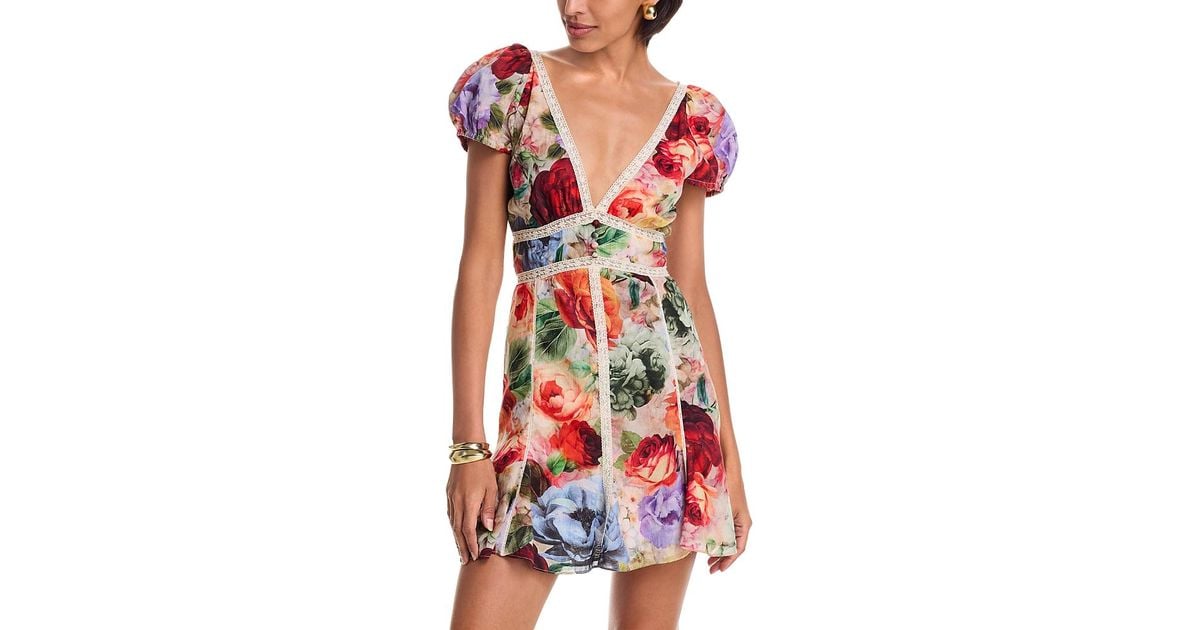 Alice + Olivia Lara Deep V Neck Lace Trim Mini Dress in Red | Lyst