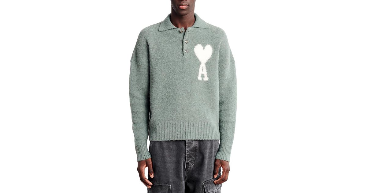 Ami Paris Boxy Point Collar Regular Fit Knit Logo Sweater in Gray for ...