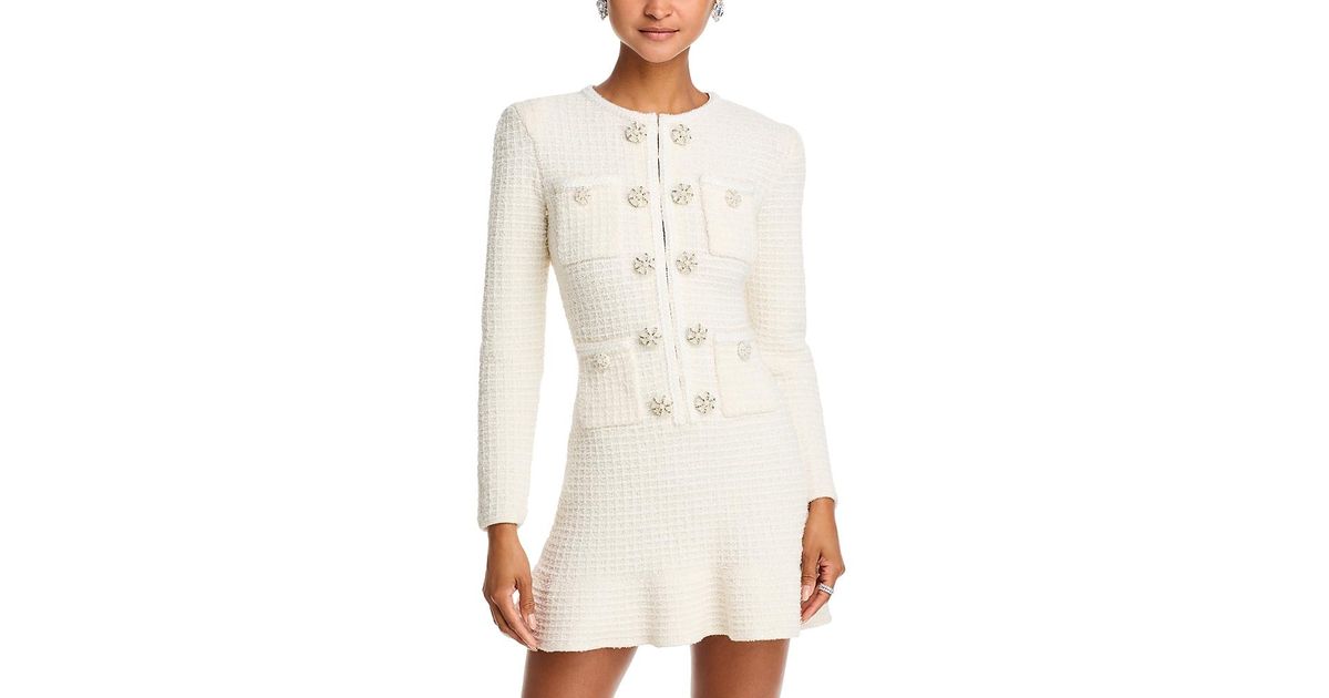 Self-Portrait Tweed Long Sleeve Mini Dress in White | Lyst