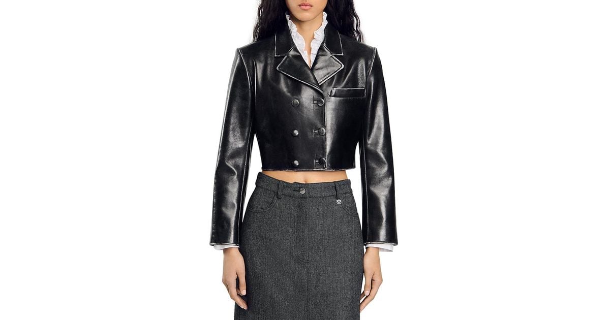 Sandro Aiden Cropped Leather Jacket in Black | Lyst