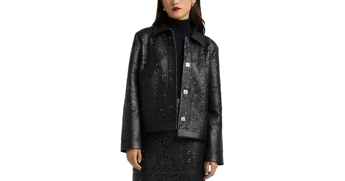 St. John Lace Grommet Leather Jacket in Black | Lyst