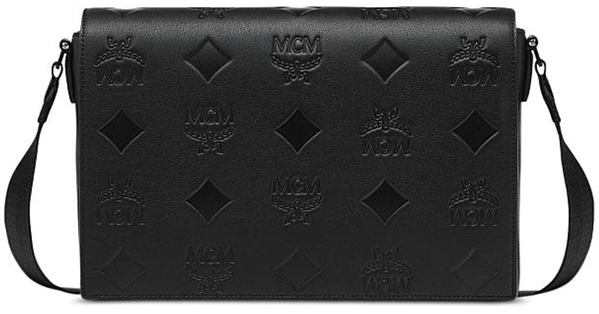 MCM Klassik Small Maxi Monogram Embossed Leather Messenger Bag in Black ...