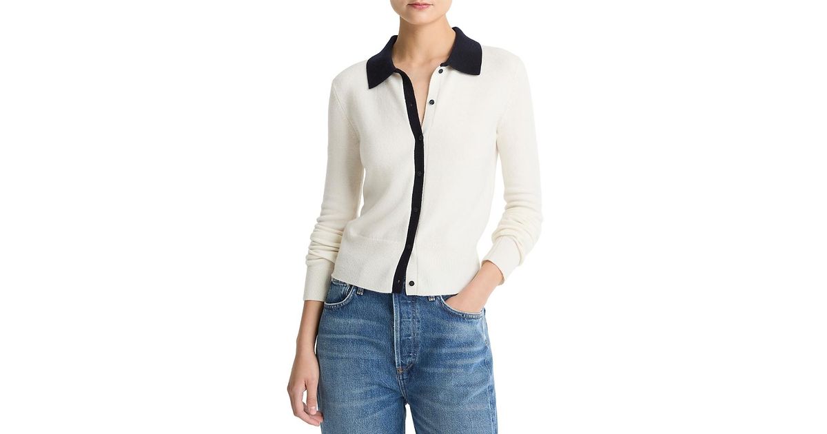 Vince Contrast Collared Sweater in White | Lyst