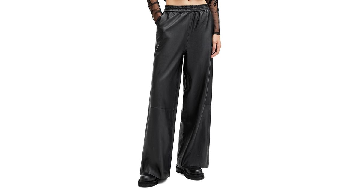 AllSaints Wide Leg Leather Pants in Black | Lyst