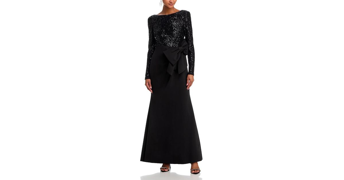 Eliza J Long Sleeved Boat Neck Combo Bow Mermaid Gown in Black | Lyst