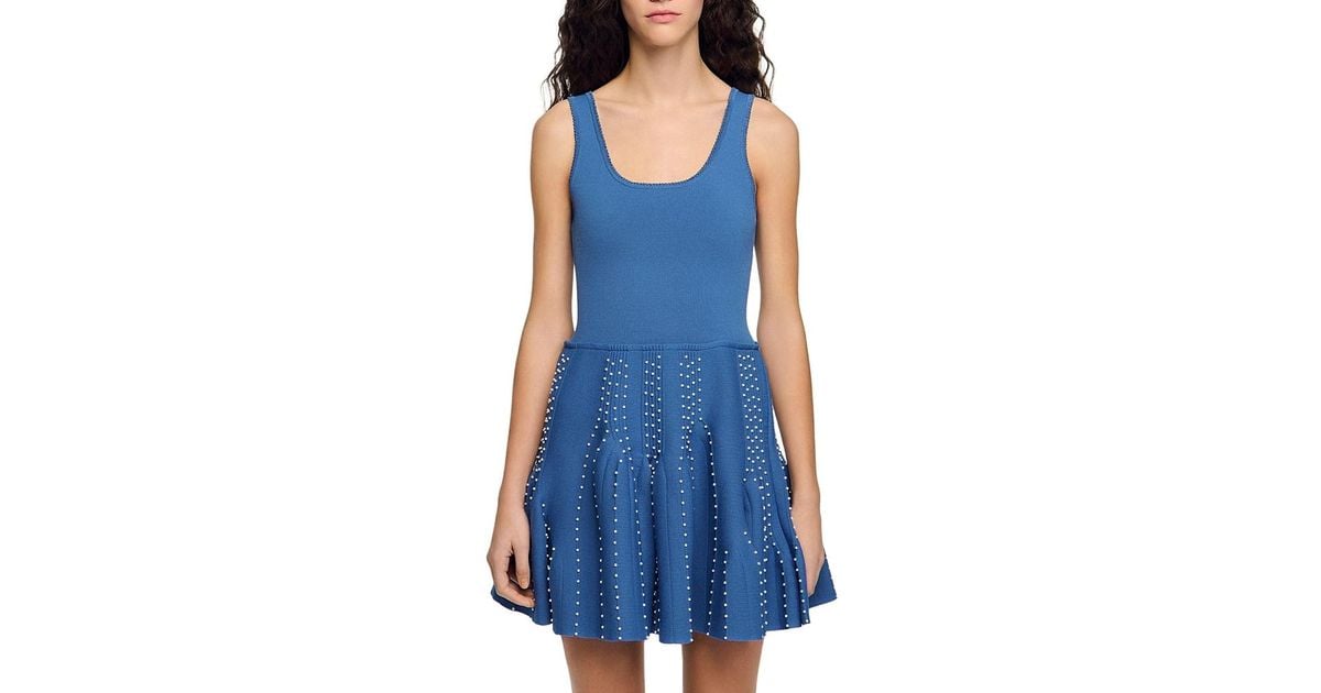 Sandro Nina Beaded Knit Mini Dress in Blue | Lyst