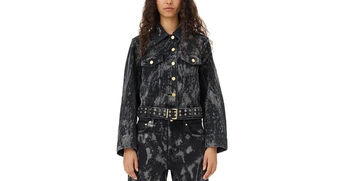 Ganni Belted Heavy Denim Jacket in Black | Lyst