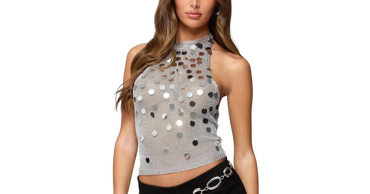 Edikted Shiny Sequin Backless Halter Top in Gray | Lyst