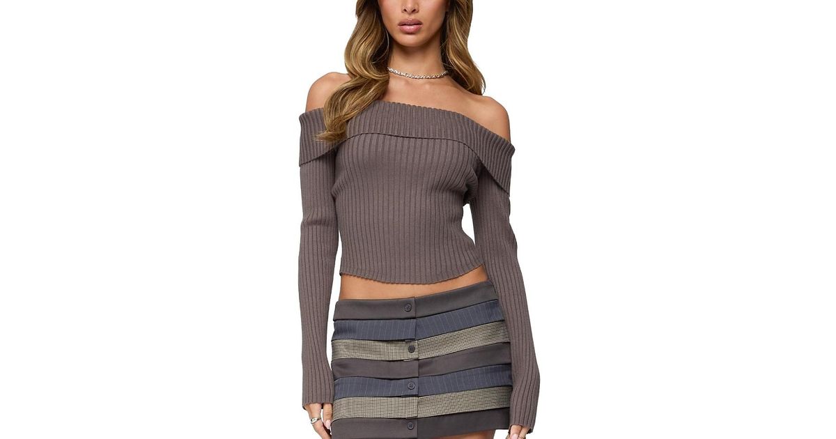 Edikted Lauren Knit Fold Over Top in Gray | Lyst