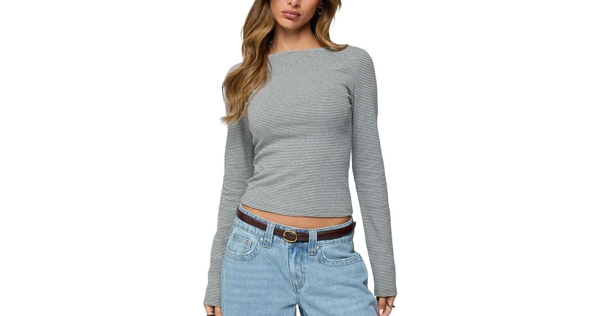 Edikted Loria Striped Boat Neck Top in Gray | Lyst