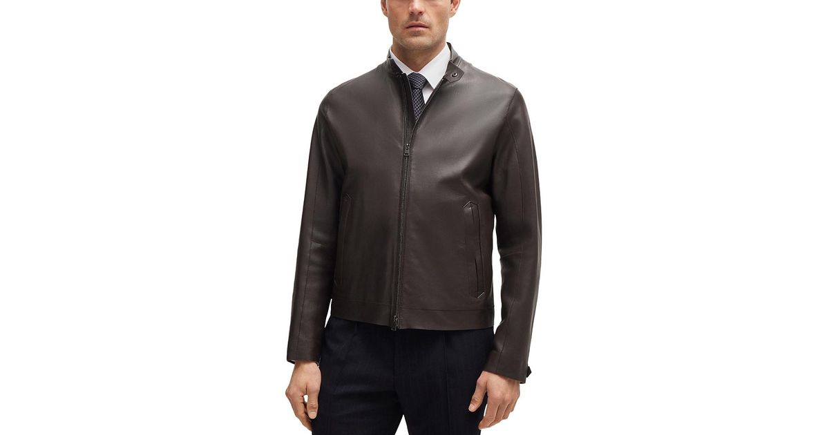 BOSS Mikero Zip Front Leather Jacket in Gray for Men | Lyst