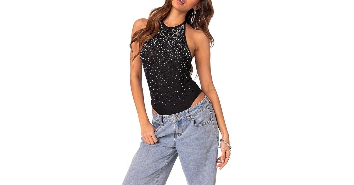 Edikted Open Back Mesh Rhinestone Bodysuit in Black | Lyst