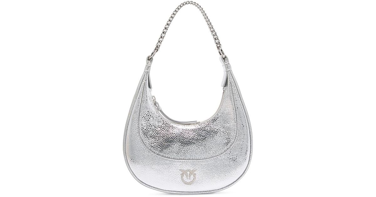 Pinko Brioche Mini Textured Metallic Leather Hobo Bag in Gray | Lyst