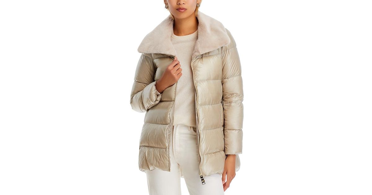 Herno Shiny Quilted Faux Fur Collar Coat in Natural | Lyst
