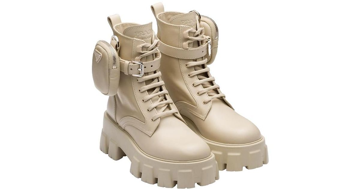 Prada Monolith Leather And Re-Nylon Boots With Pouch in Natural | Lyst
