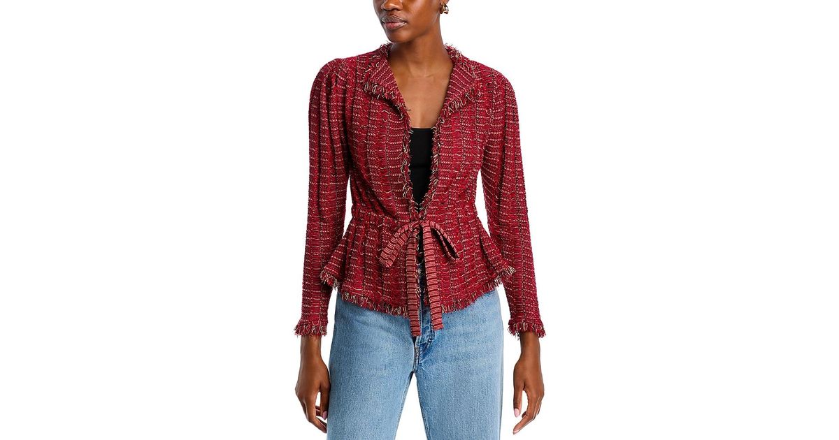 Misook Linear Fringe Tweed Belted Knit Jacket in Red | Lyst