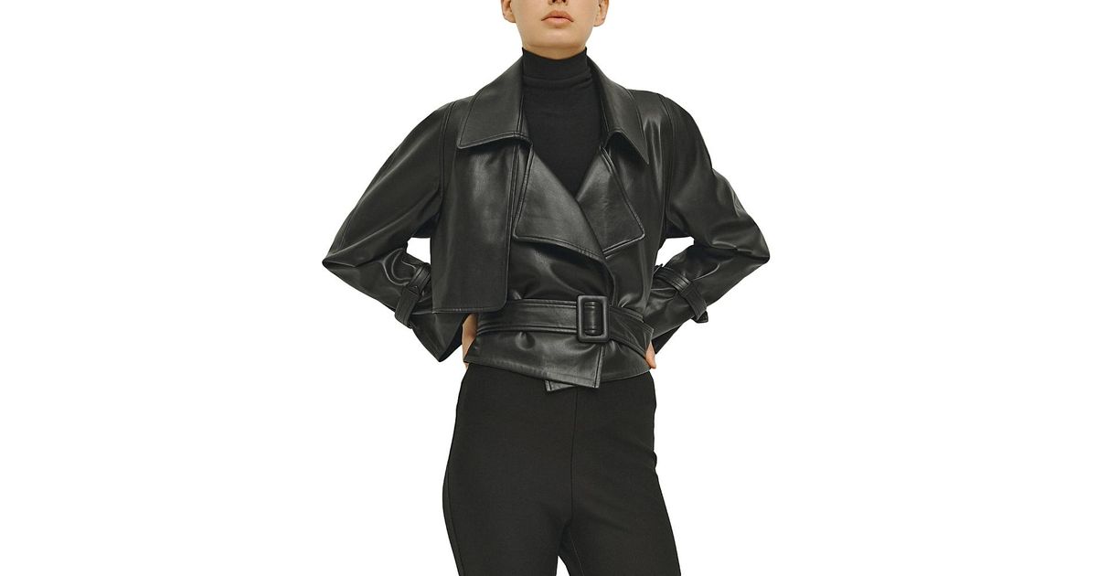 Elodie the Label Charles Faux Leather Crop Trench Jacket in Black | Lyst