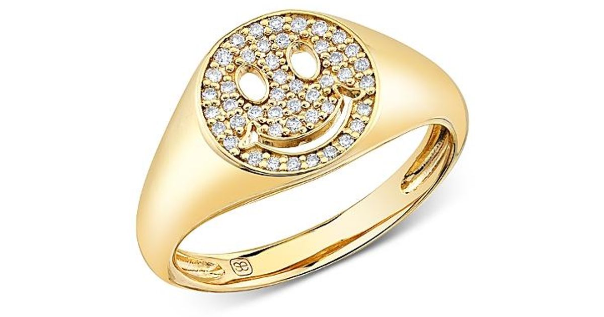 Sydney Evan 14K Diamond Happy Face Signet Ring in Metallic | Lyst