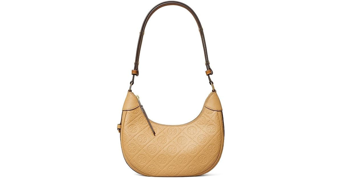 Tory Burch T Monogram Pebble Leather Crescent Shoulder Bag in Natural | Lyst