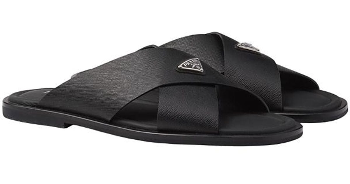 Prada Saffiano Leather Crisscross Slides in Black for Men | Lyst