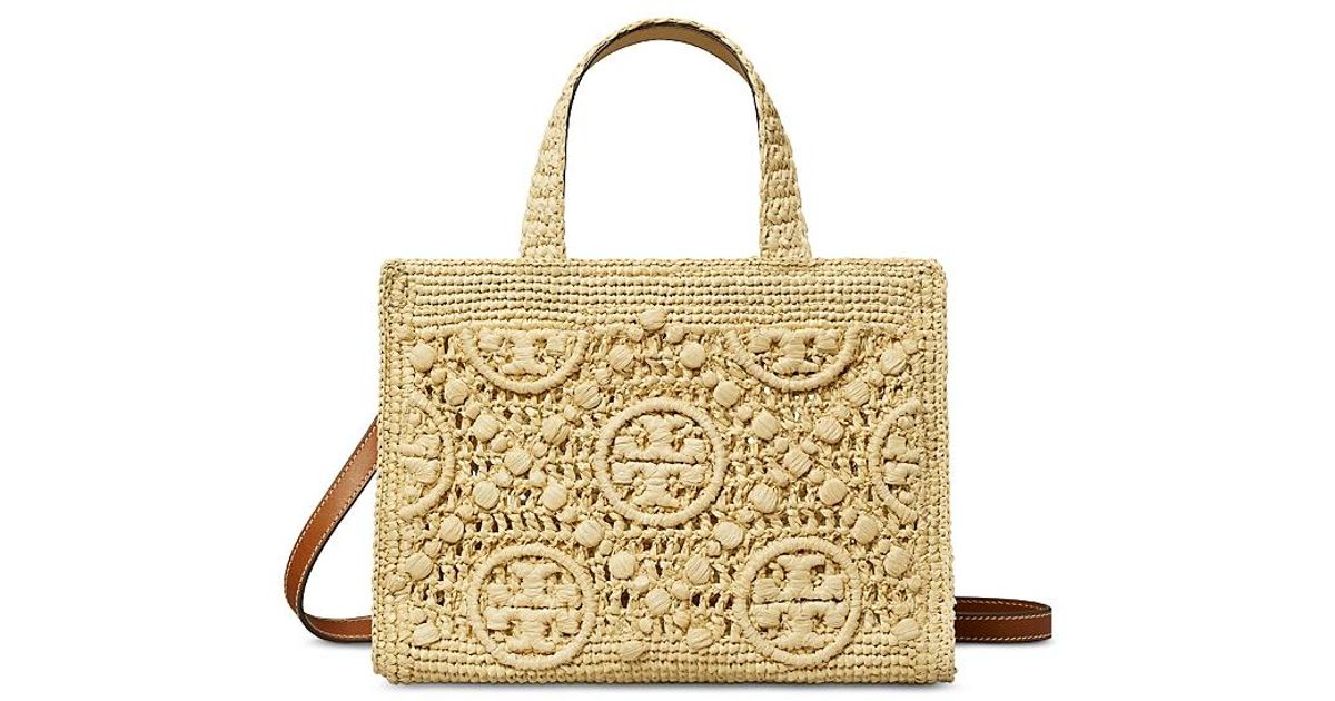 Tory Burch T Monogram Raffia Square Tote in Metallic | Lyst UK