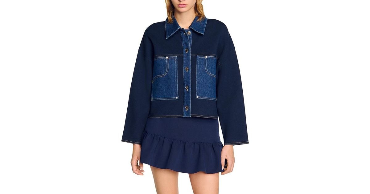 Sandro Denim Detail Cardigan in Blue | Lyst