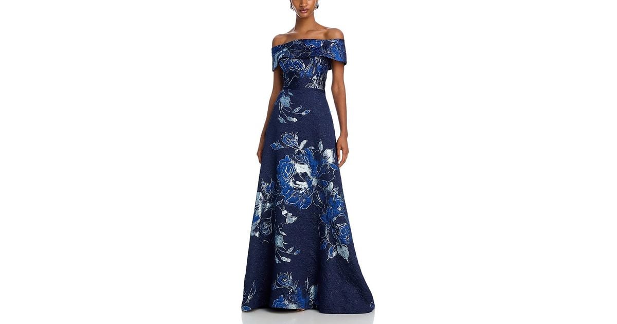 Teri Jon Off-The-Shoulder Metallic Floral Jacquard Gown in Blue | Lyst