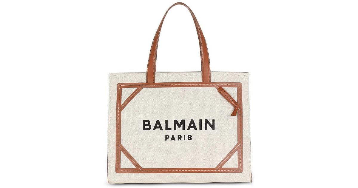 Balmain B-Army 42 Canvas Tote Bag With Leather Details in Natural | Lyst