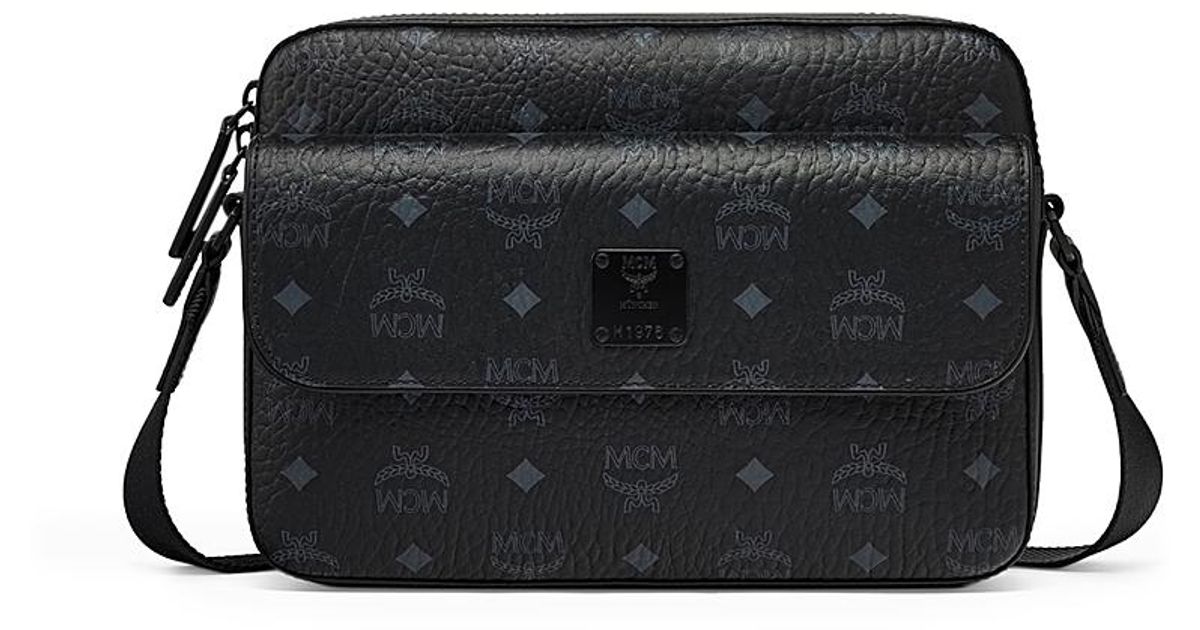 MCM Aren Medium Visetoes Logo Monogram Messenger Bag in Black for Men ...