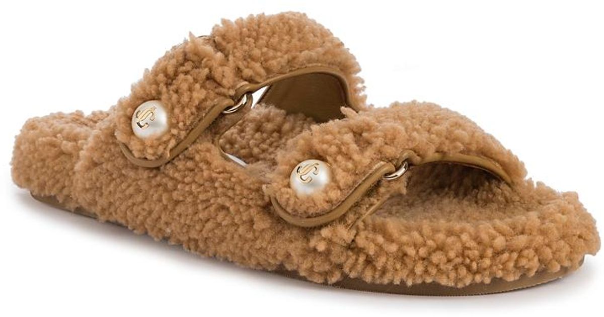 Jimmy Choo Fayence Curly Shearling Sandals in Brown | Lyst