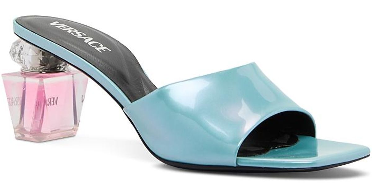 Versace Bright Crystal Patent Leather High Heel Mules in Blue | Lyst