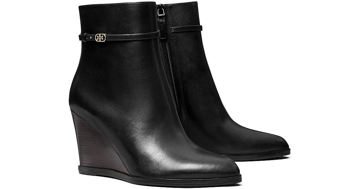 Tory Burch Double T Buckle Wedge Booties in Black | Lyst