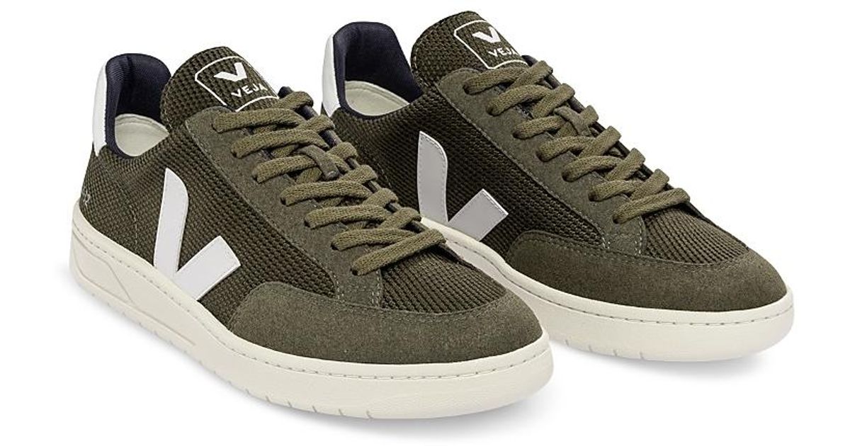 Veja V-12 Lace Up Mesh And Leather Sneakers in Green for Men | Lyst