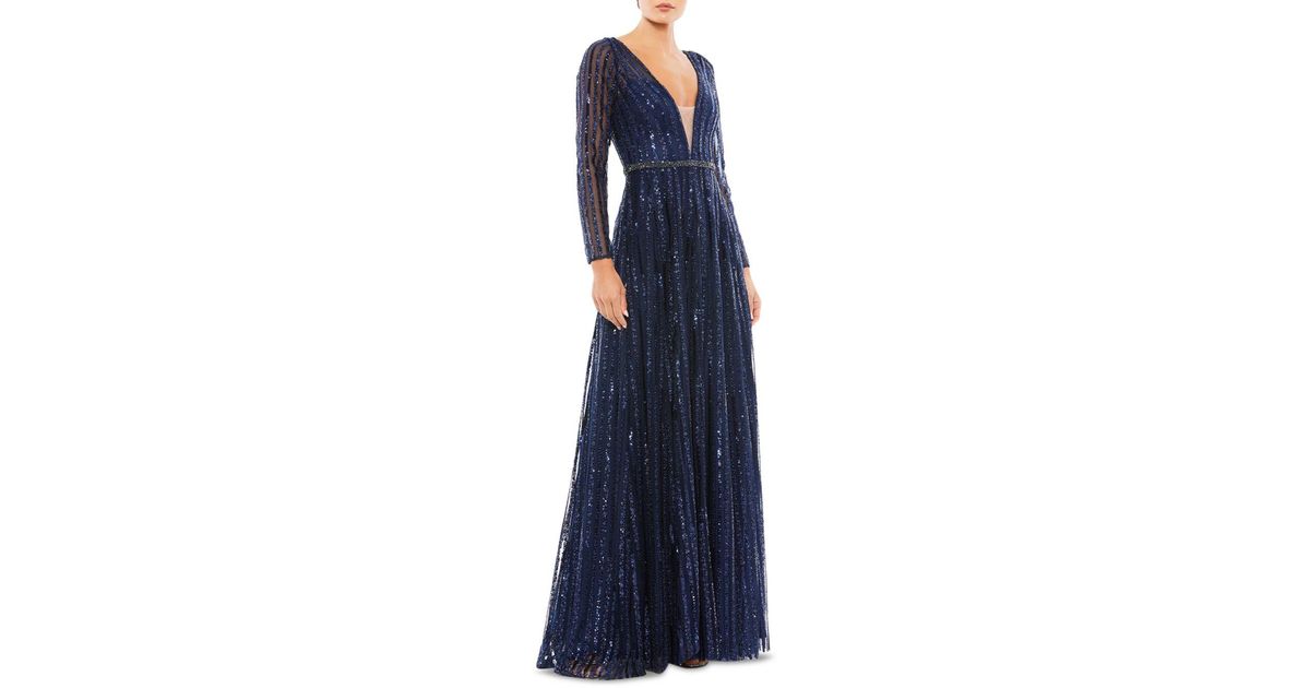 Mac Duggal Synthetic Plunge Neck Sequin Gown In Midnight Blue Lyst