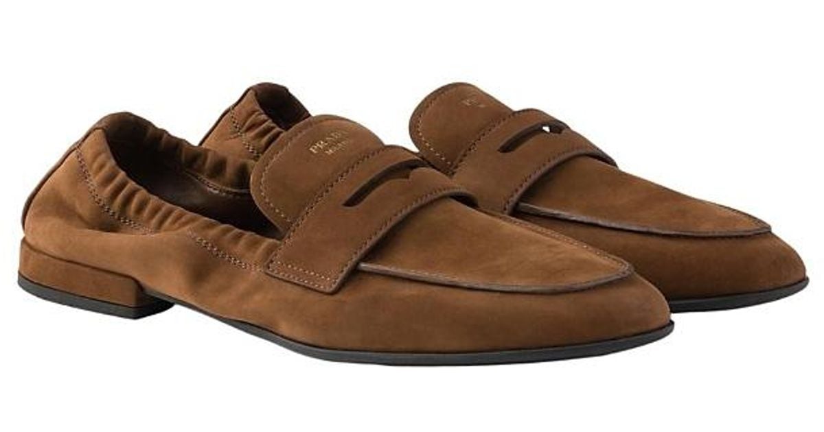 Prada Shuffle Nubuck Leather Loafers in Brown | Lyst