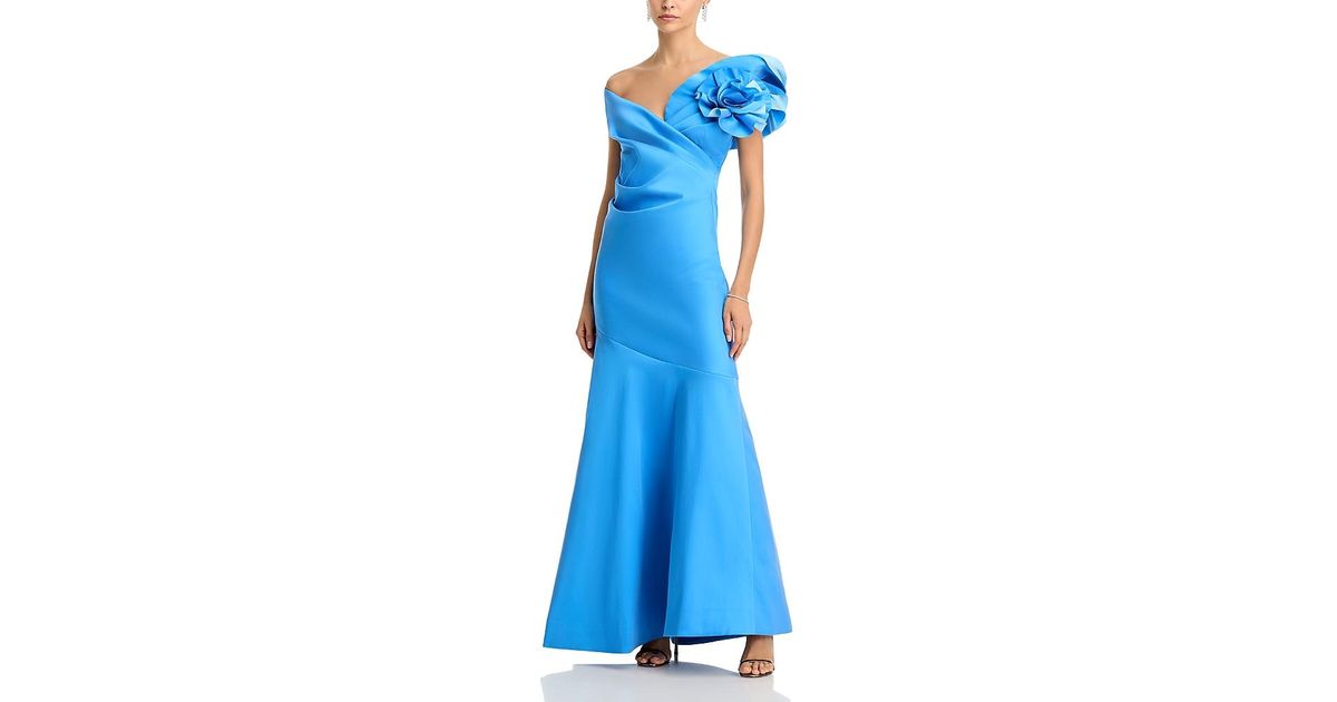 Teri Jon Stretch Gazar Side Drape Gown in Blue | Lyst