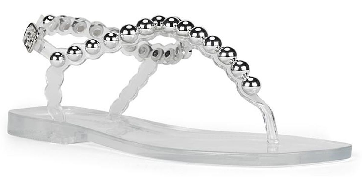 Jeffrey Campbell Square Toe Bead Detail Jelly Thong Sandals in White | Lyst