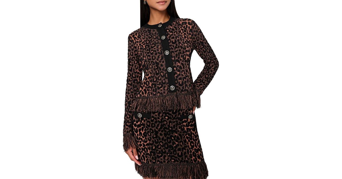 MILLY Leopard Print Fringe Cardigan in Black | Lyst