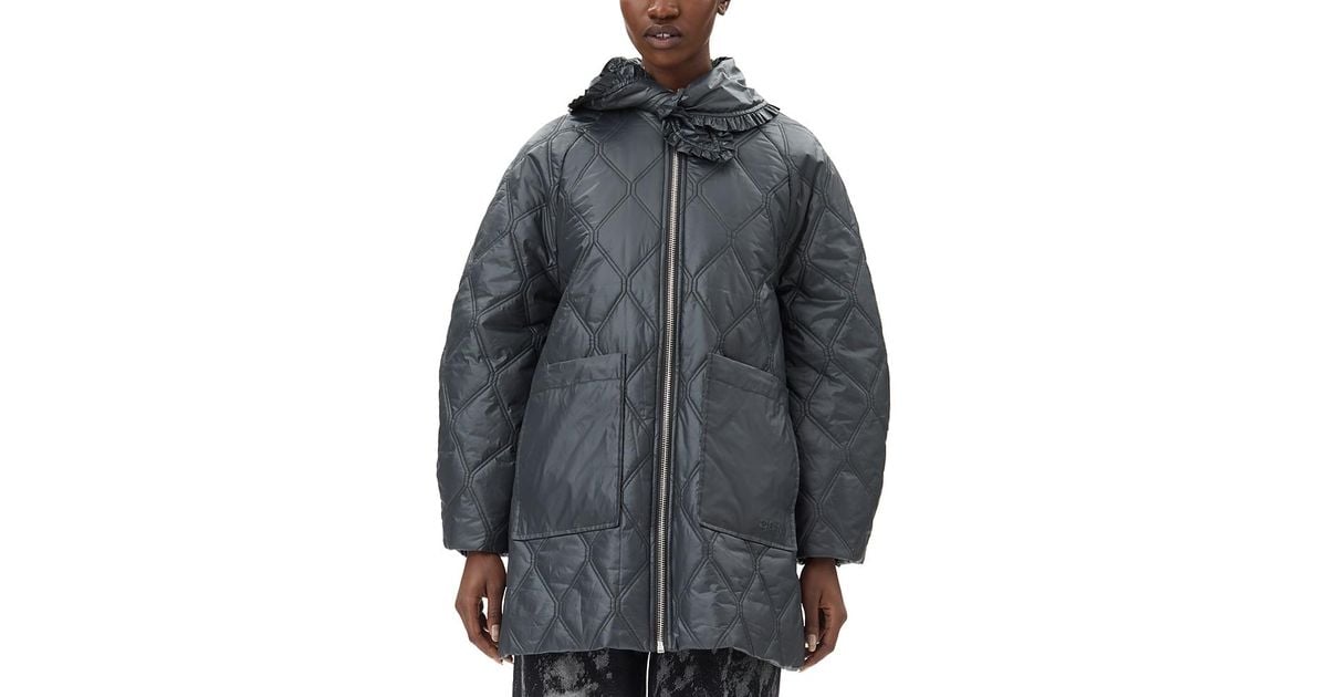 Ganni Quilted Tie Neck Coat in Gray | Lyst