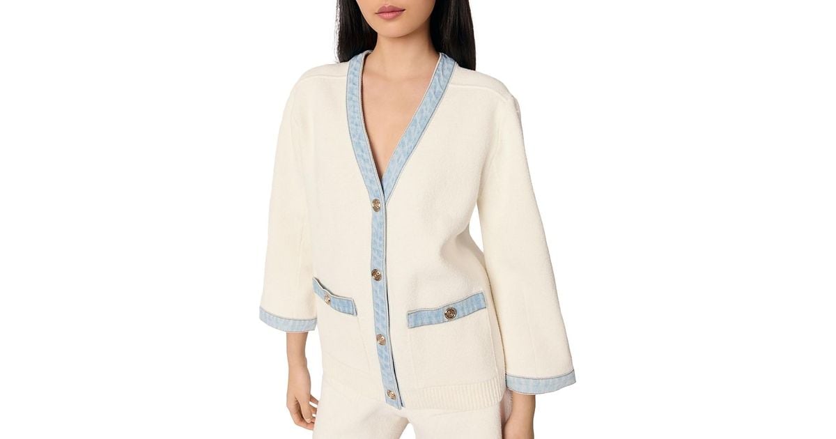 Maje Denim Trim Long Cardigan in White | Lyst