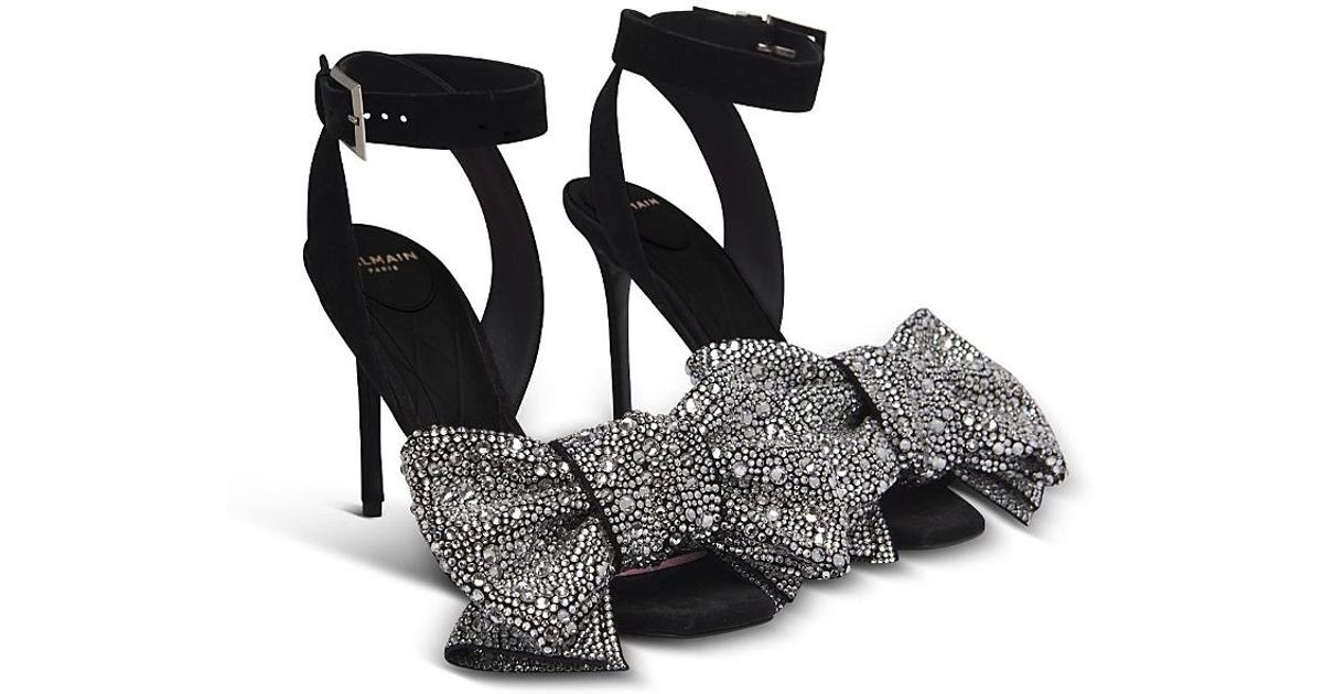 Balmain Suede Ruby Heels With Rhinestone Bows in Black | Lyst