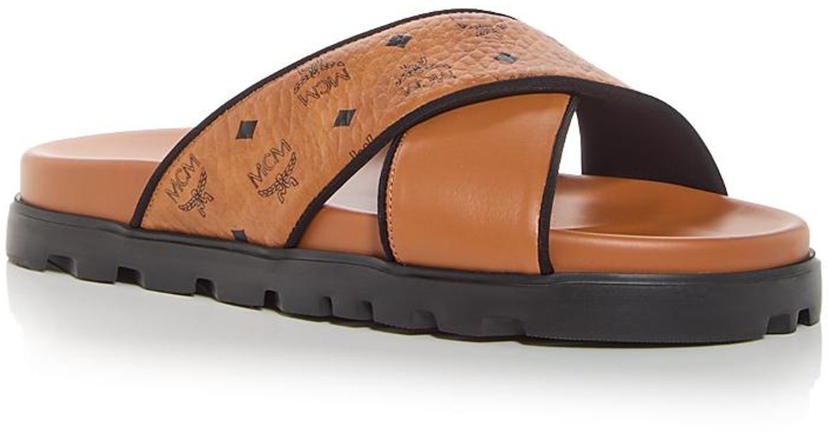 MCM Visetos Criss Cross Slide Sandals in Brown | Lyst