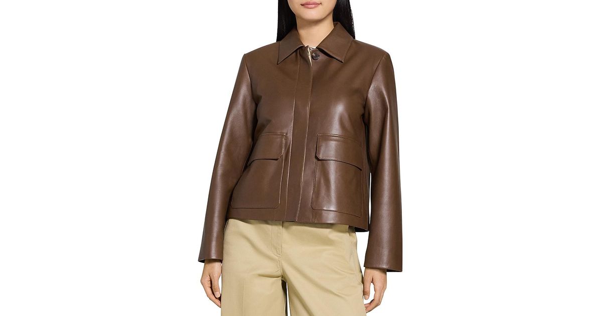 Theory Leather Boxy Jacket in Brown | Lyst