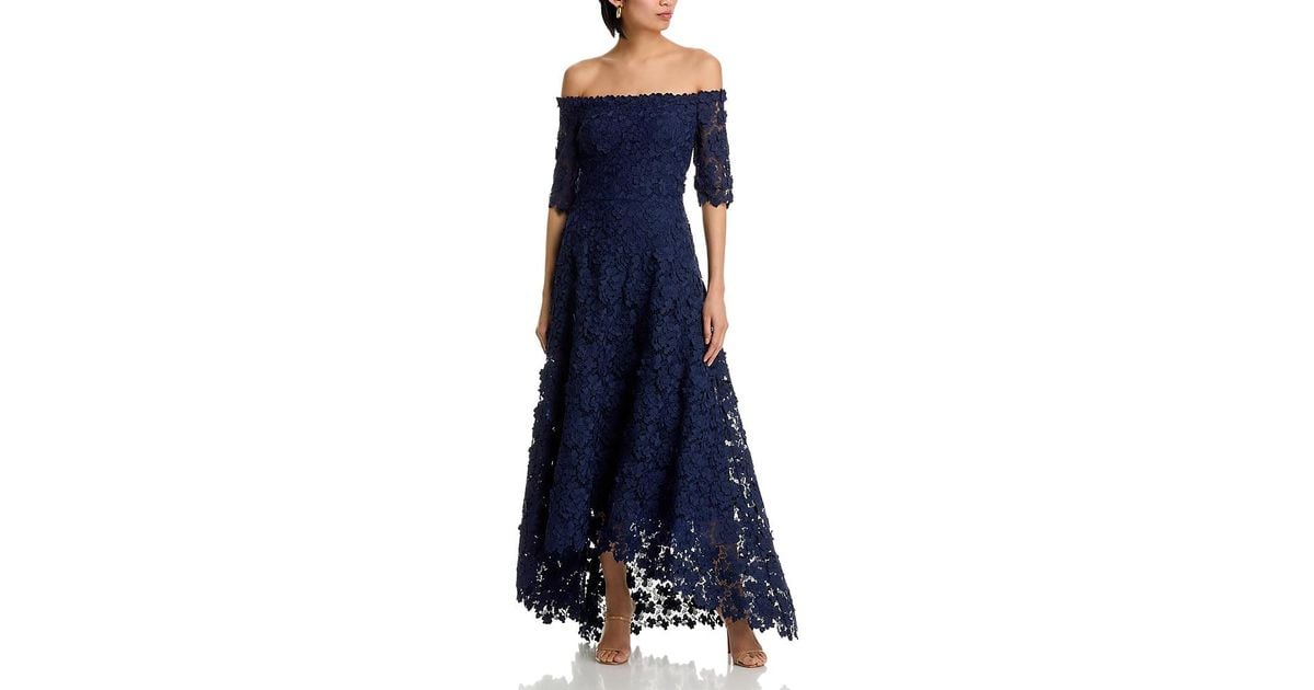 Teri Jon 3D Flower Lace Off Shoulder High Low Gown in Blue | Lyst