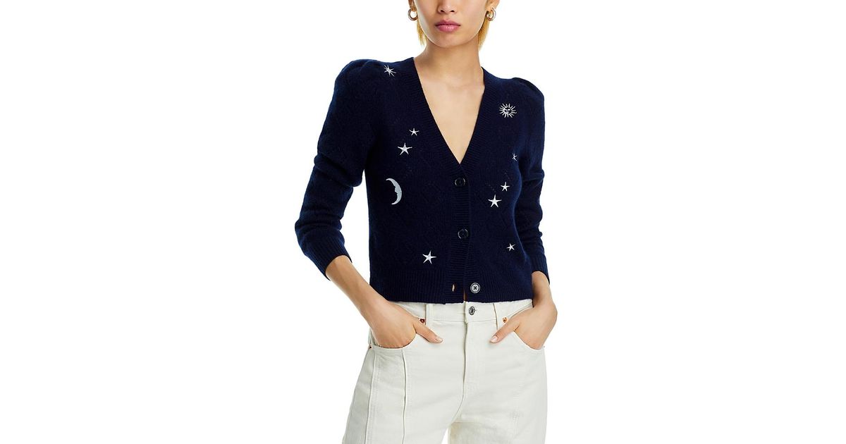 Aqua Cashmere Celestial Embroidered Pointelle Cashmere Cardigan in Blue ...
