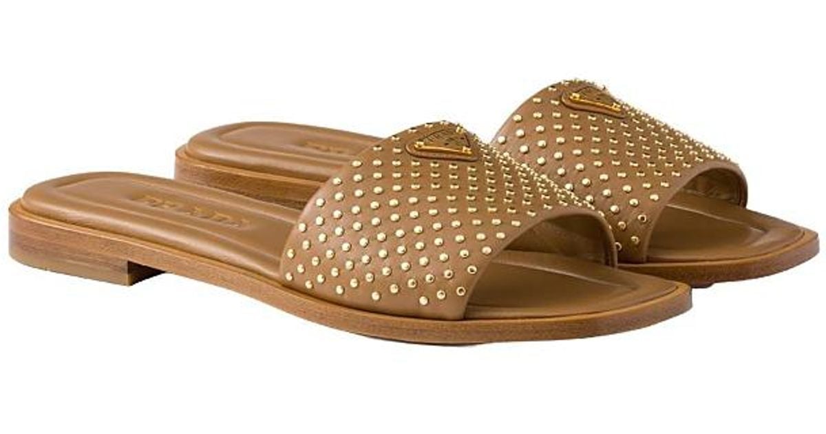 Prada Nappa Leather Slides With Studs in Brown | Lyst