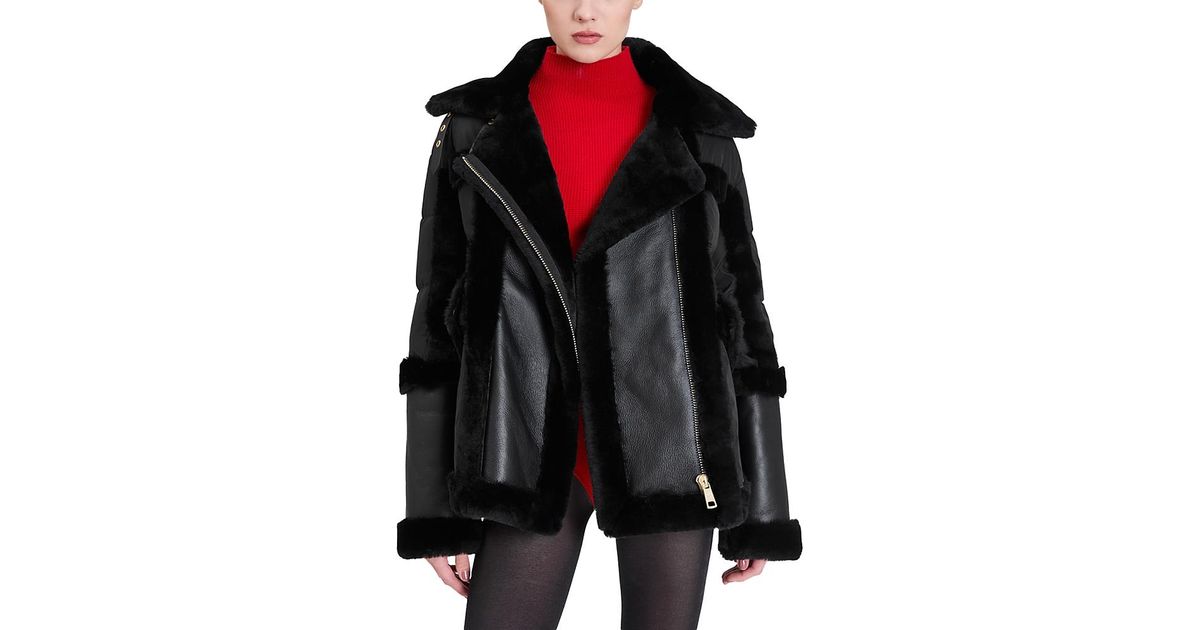 Nicole Benisti Garnier Shearling Trim Coat in Black | Lyst