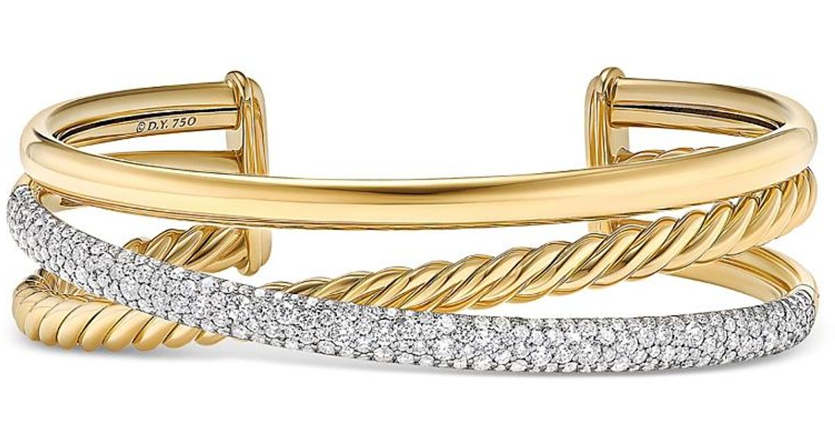 David Yurman Pave Crossover Three Row Cuff Bracelet in Metallic | Lyst