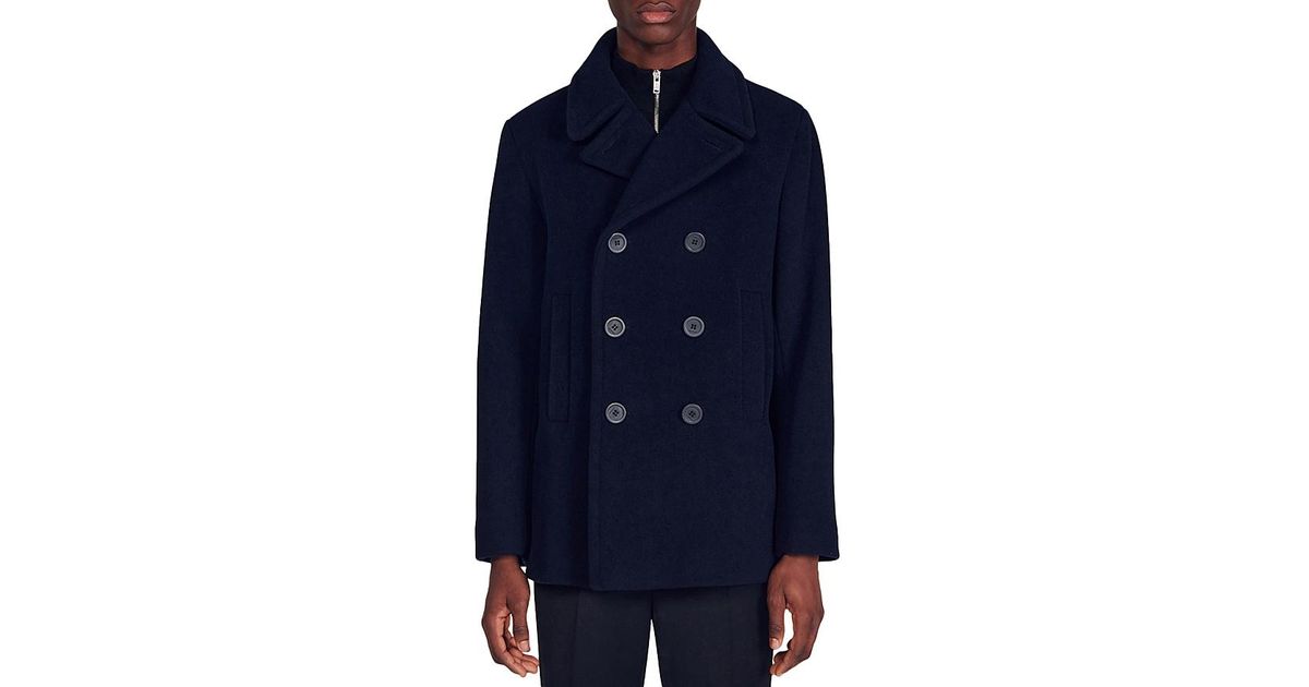 Sandro Double Breasted Wool Peacoat in Blue for Men | Lyst