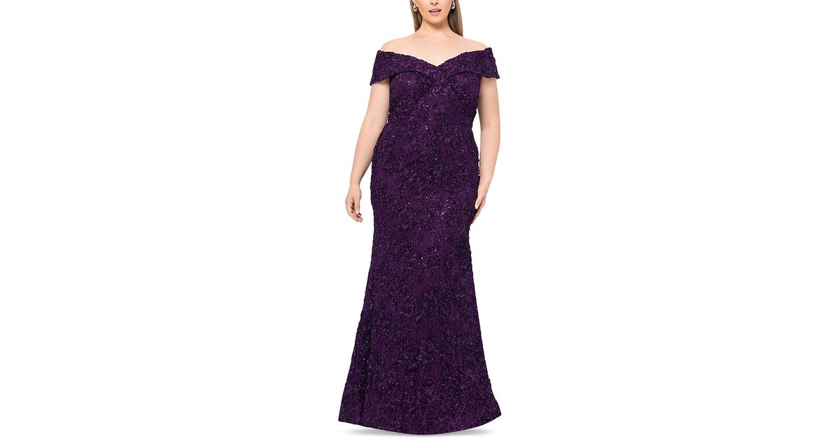 Xscape Off The Shoulder Embroidered Lace Dress in Purple | Lyst